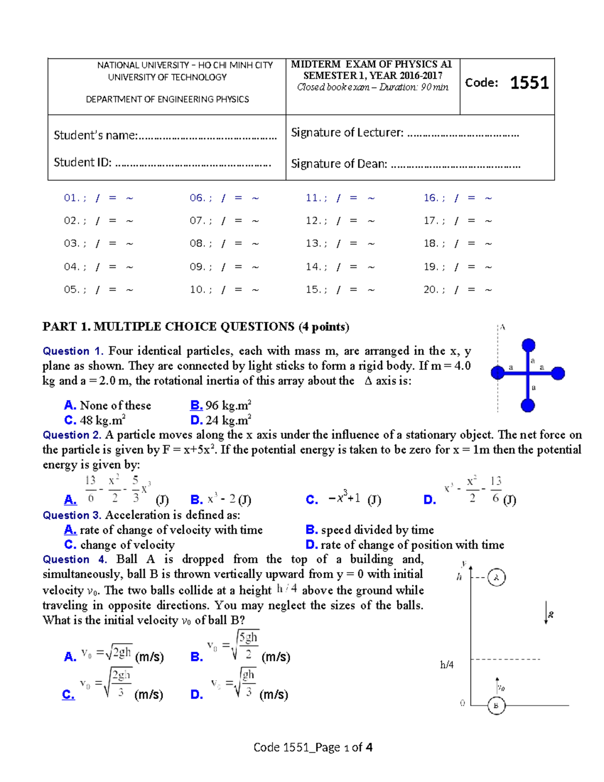 Midterm Exam PHYSICS A1 (Code: 1551) - Semester 1, 2016-2017 - Studocu