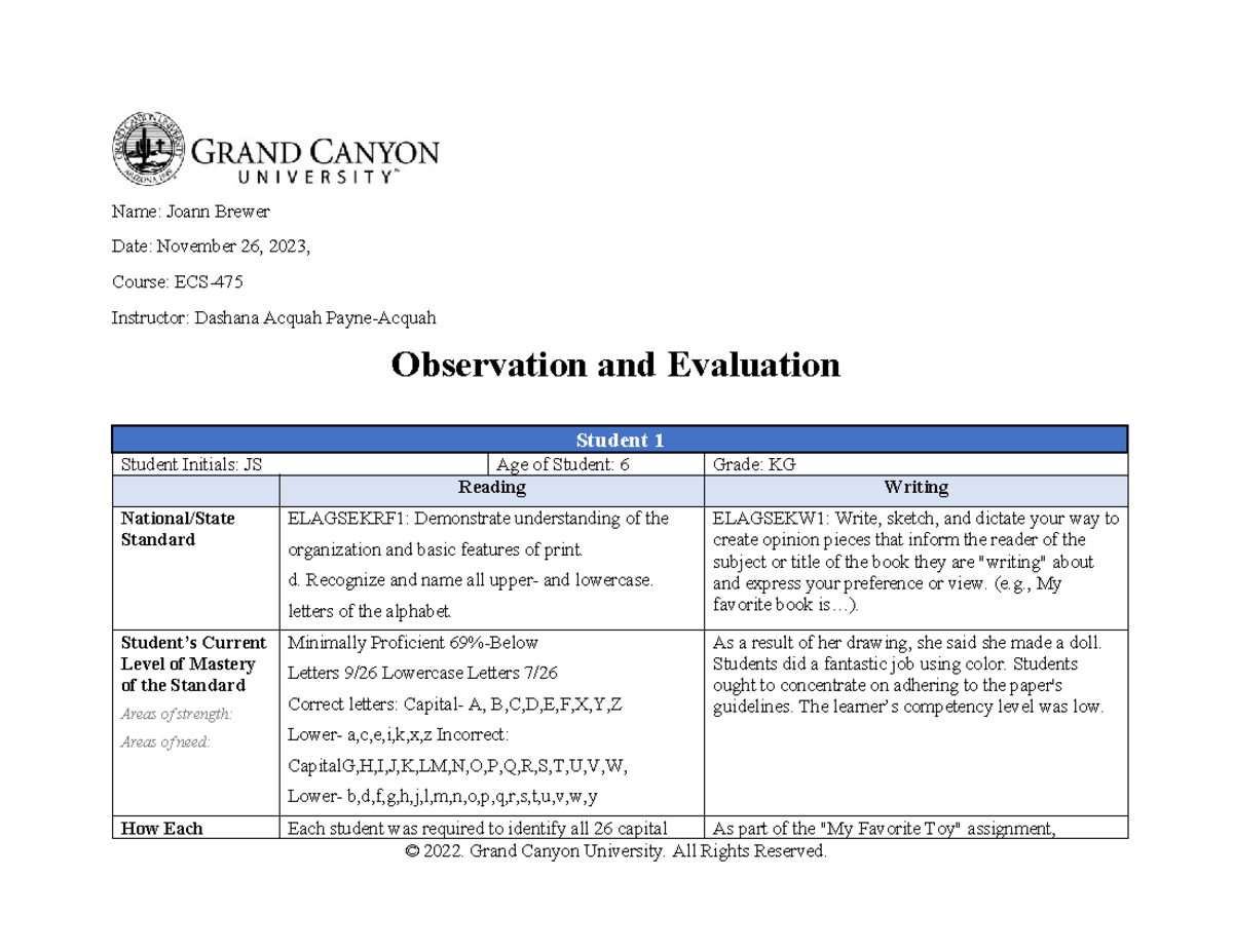 ECS-475-T3 Observation Evaluation Report for Kindergarten Students ...