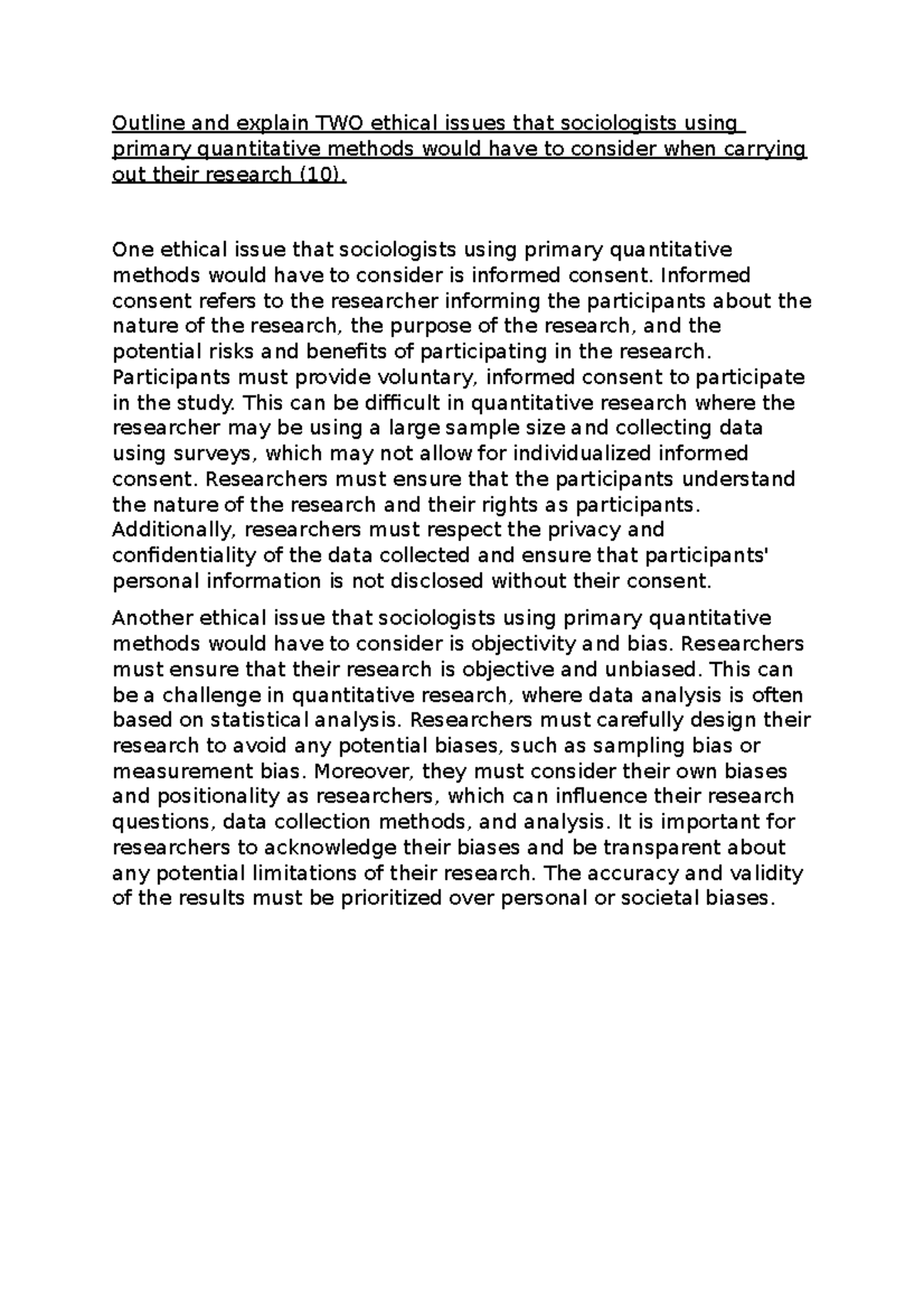 Ethical Considerations in Primary Quantitative Research (10 Points ...