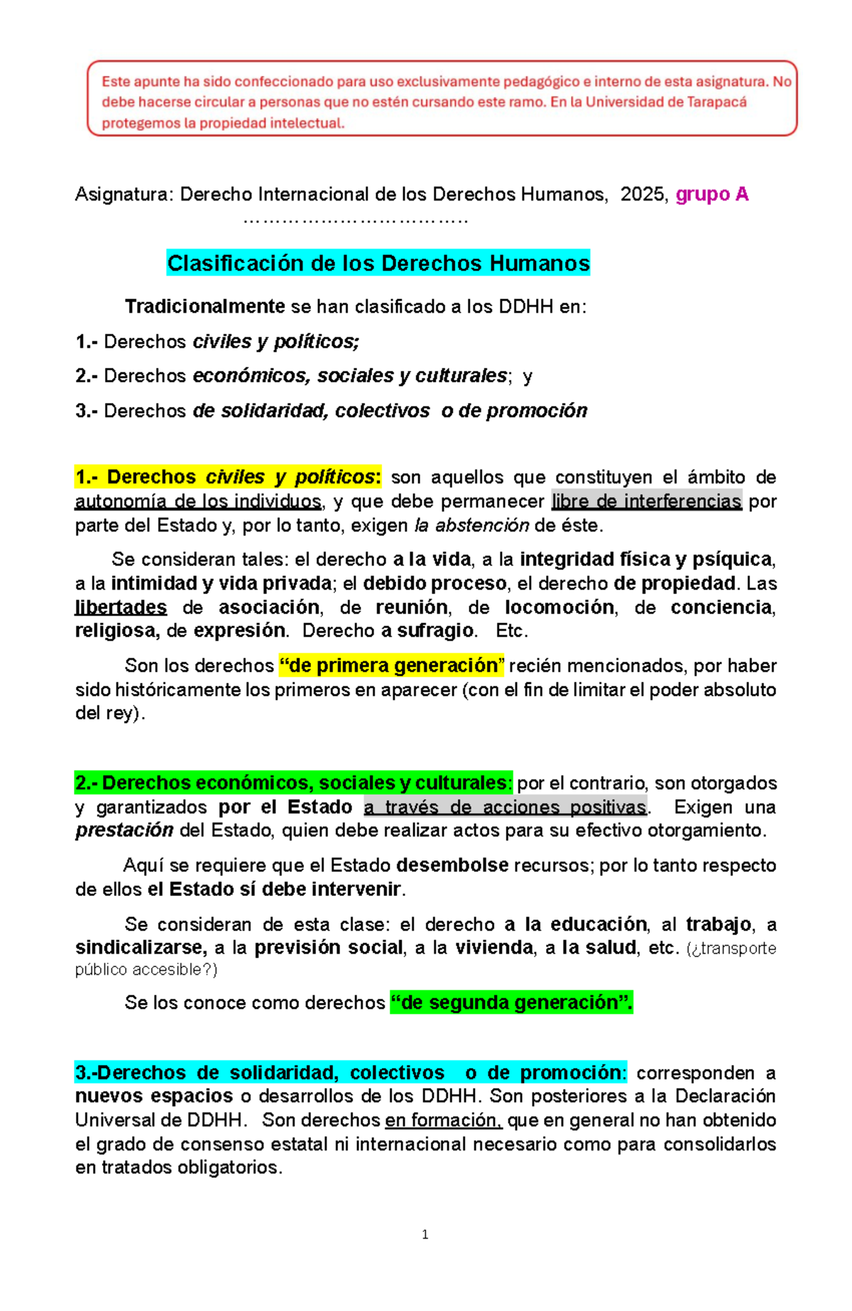 Derecho internacional - .................................. Clasificación de los Derechos Humanos ...
