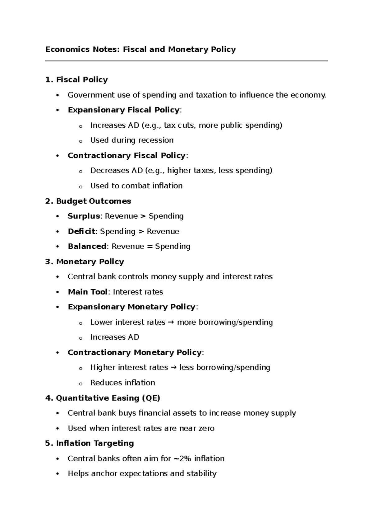 ECO 101: Notes on Fiscal and Monetary Policy Concepts - Studocu
