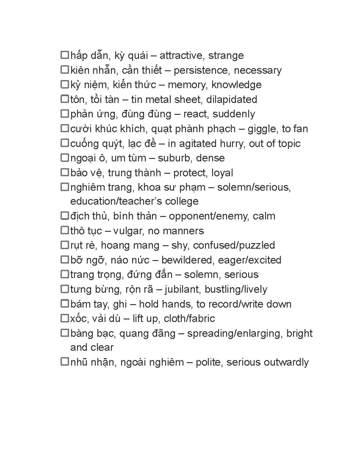 Vocabulary List of Attractive & Strange Terms (Kỳ Quái) - Studocu