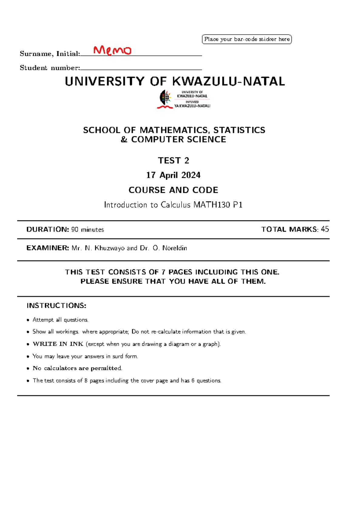 MATH130 Test 2 Solutions - Intro to Calculus Answers (April 2024) - Studocu
