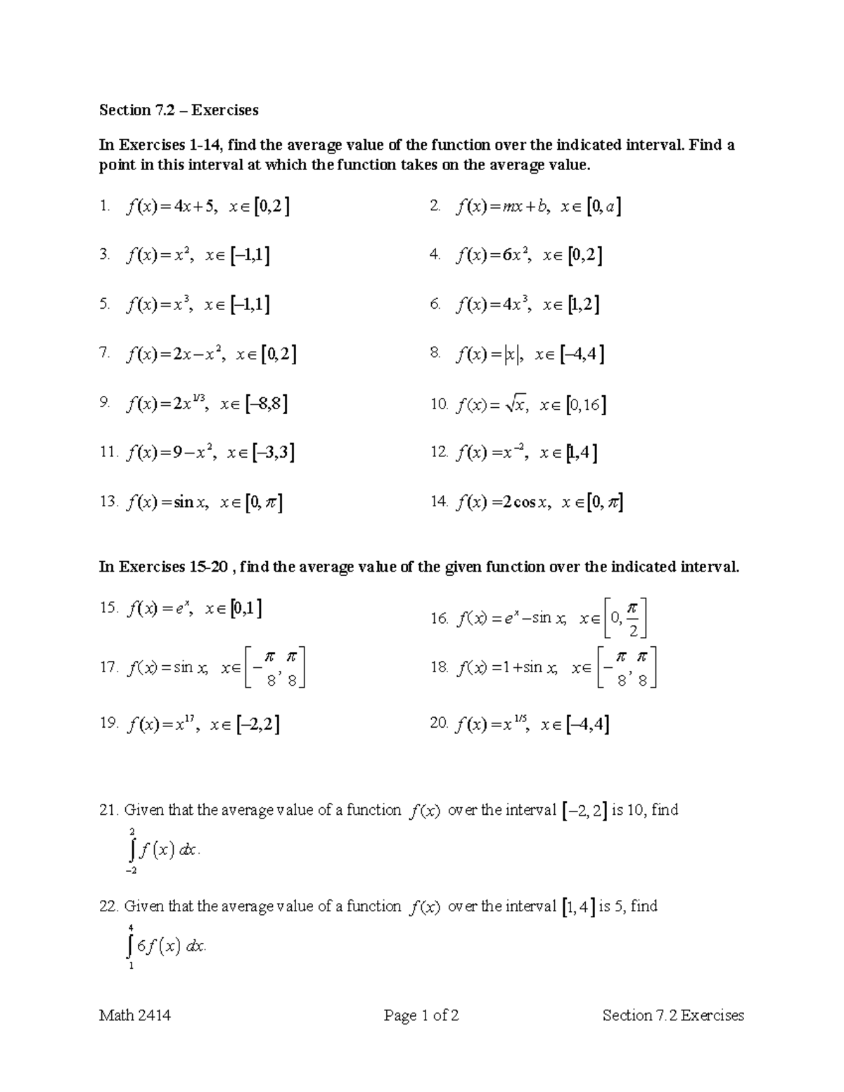 Math 2414 Section 7.2 Exercises: Average Value of Functions - Studocu