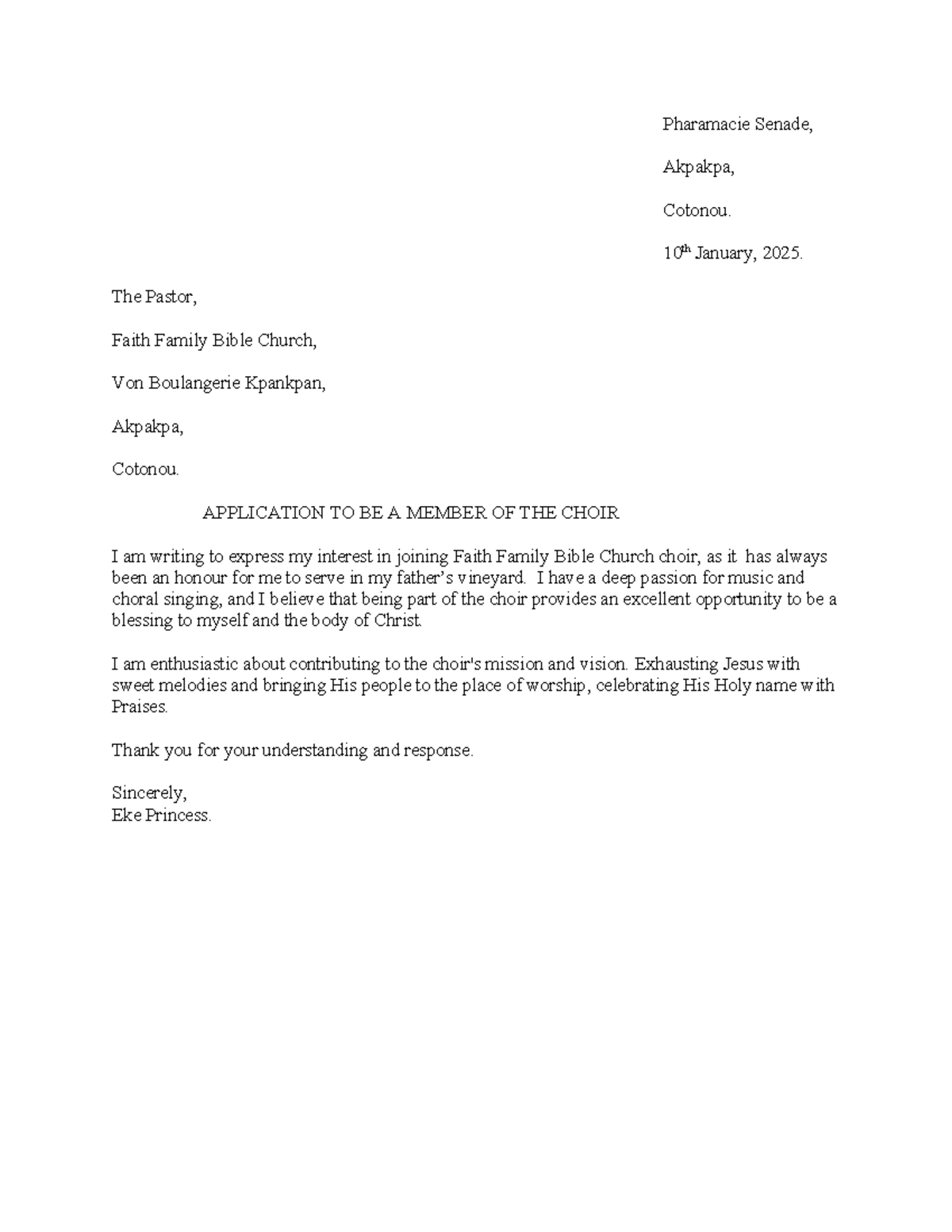 FF - Application for Choir Membership at Faith Family Bible Church ...