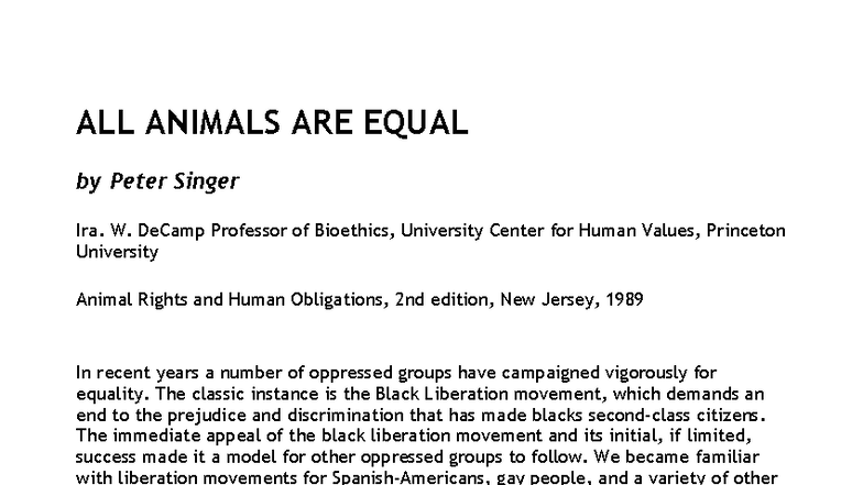 Singer - All Animals Are Equal: A Moral Argument for Animal Rights ...
