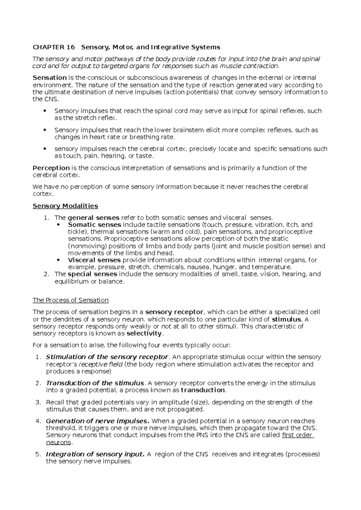CHAPTER 16 - Sensory, Motor, and Integrative Systems Overview - Studocu