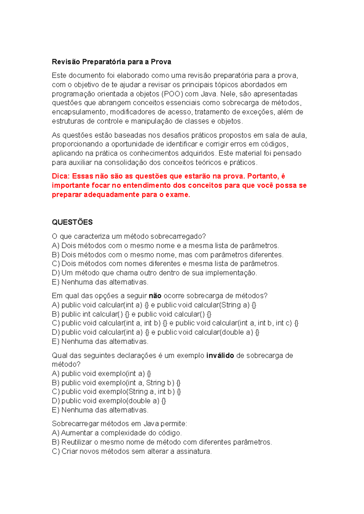 Revisão Preparatória - Prova de Java POO - NP2 - Studocu