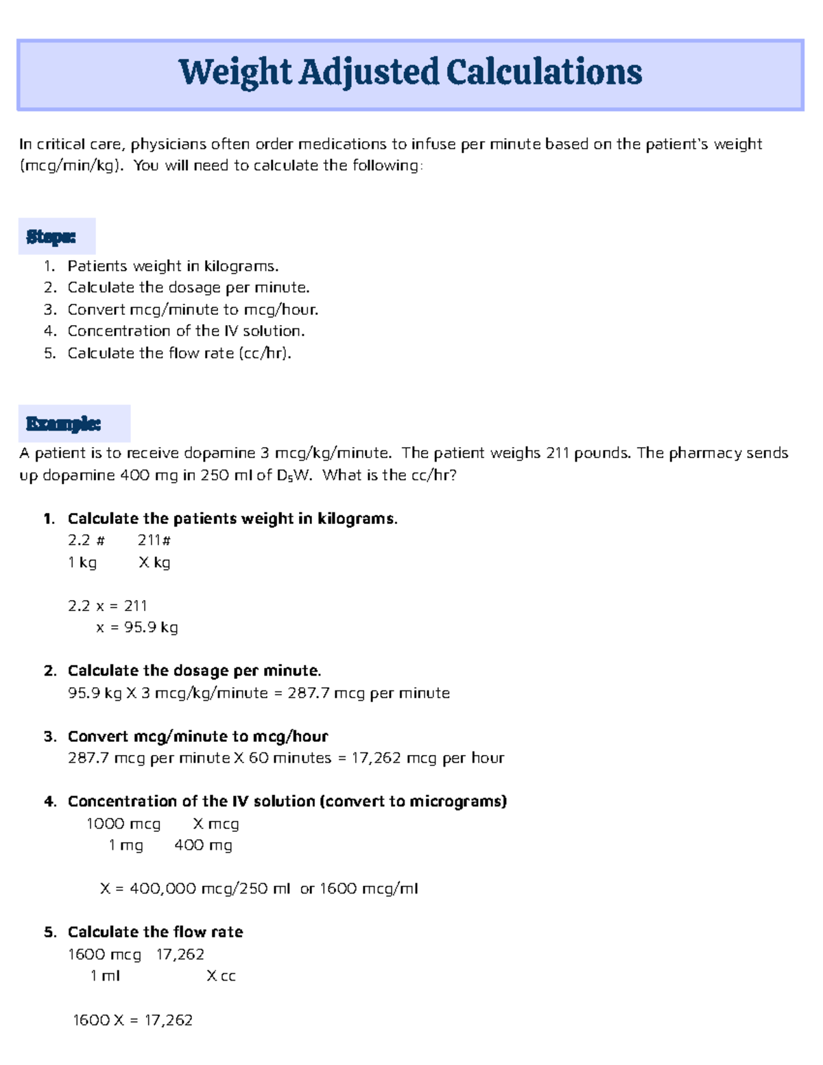 Nursing Med-Math Weight Adjusted Calculations Practice Problems ...