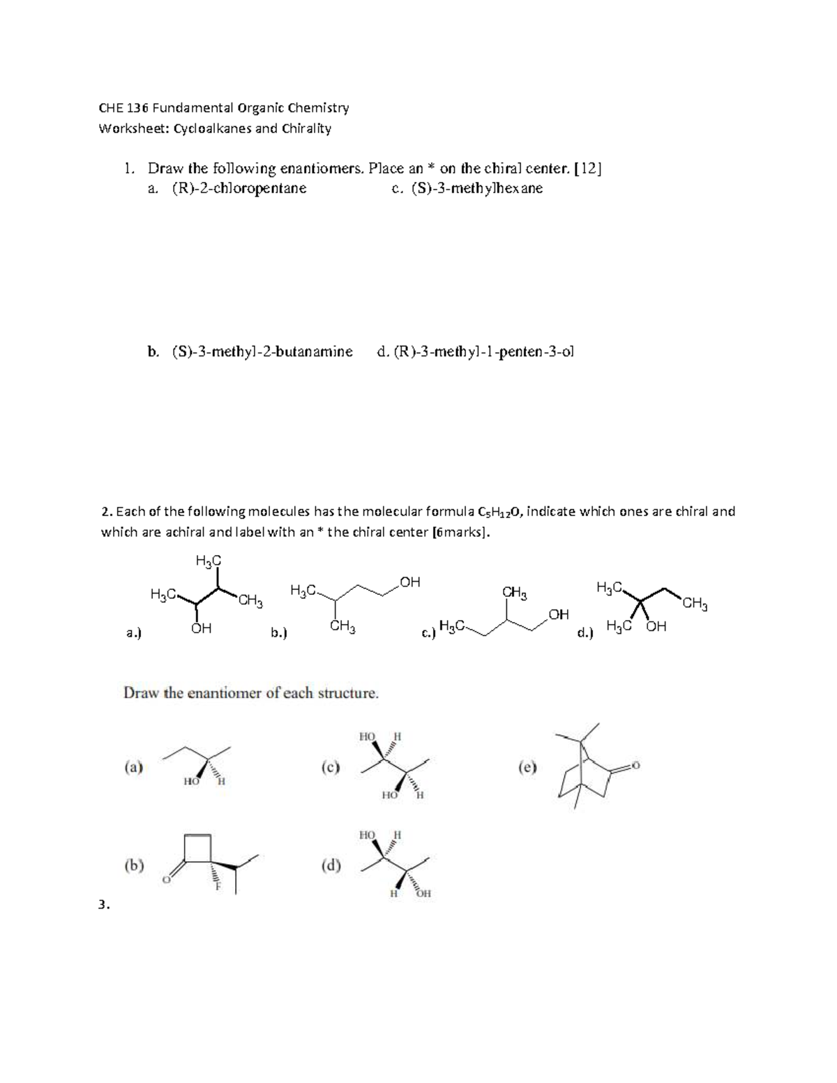 CHE 136 Worksheet: Chirality in Cycloalkanes and Stereochemistry - Studocu