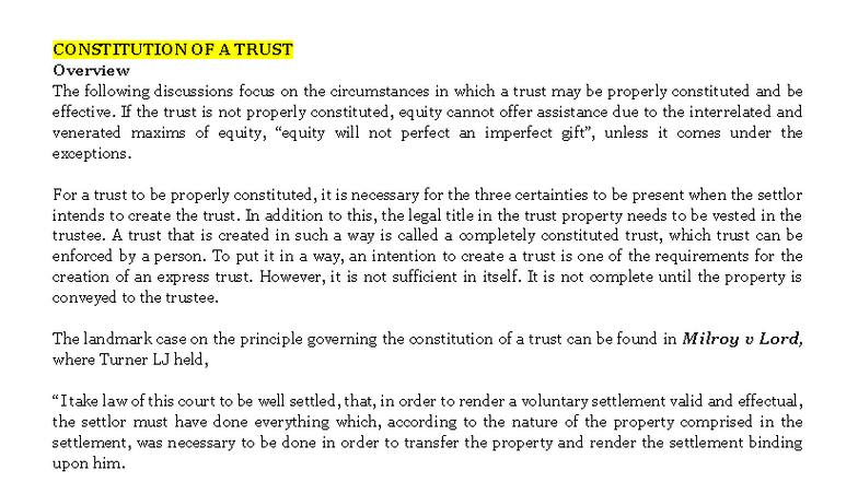 Trust Constitution: Key Principles and Case Law Overview - Studocu