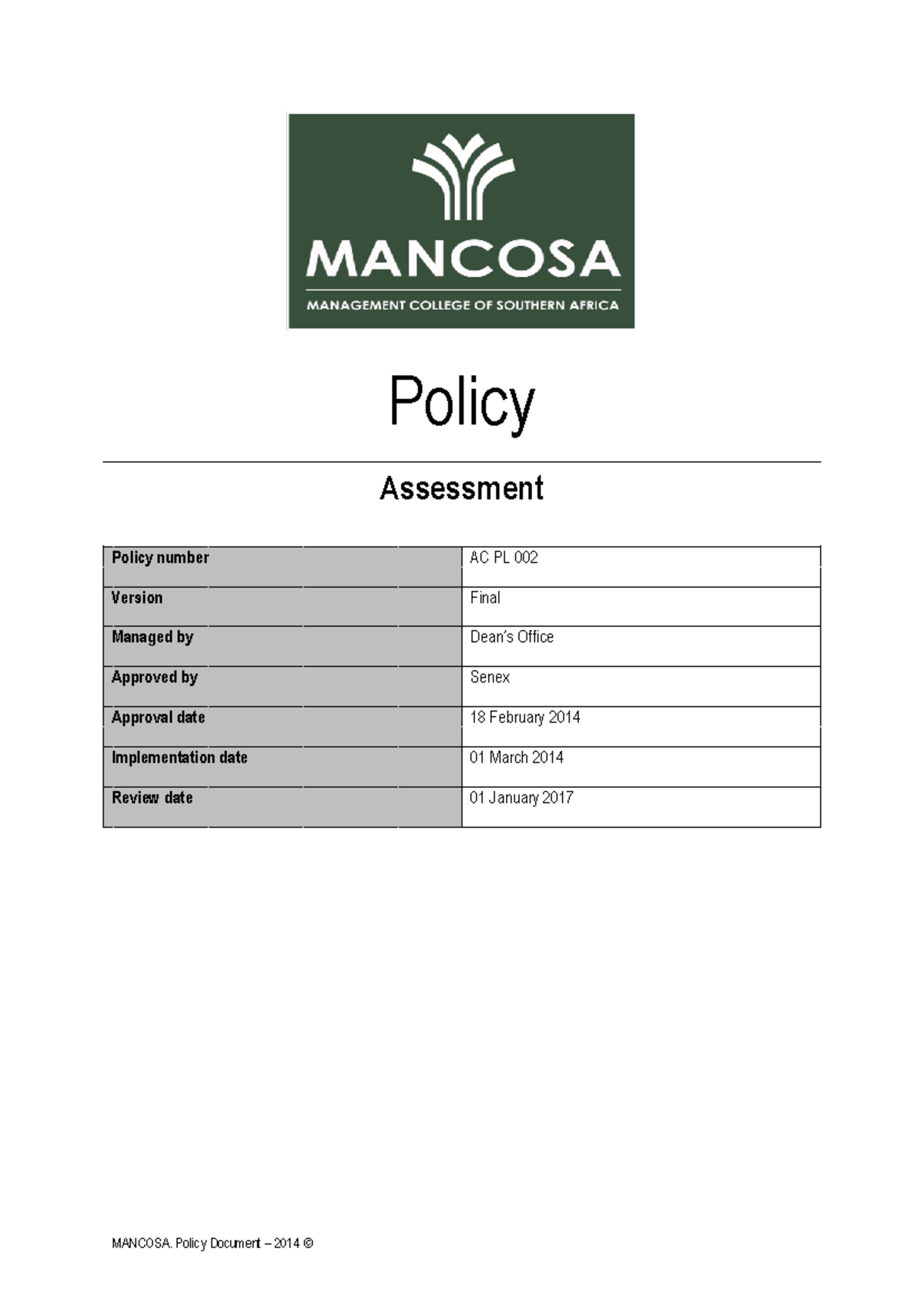 MANCOSA Assessment Policy Document AC PL 002: Final Version 2014 - Studocu