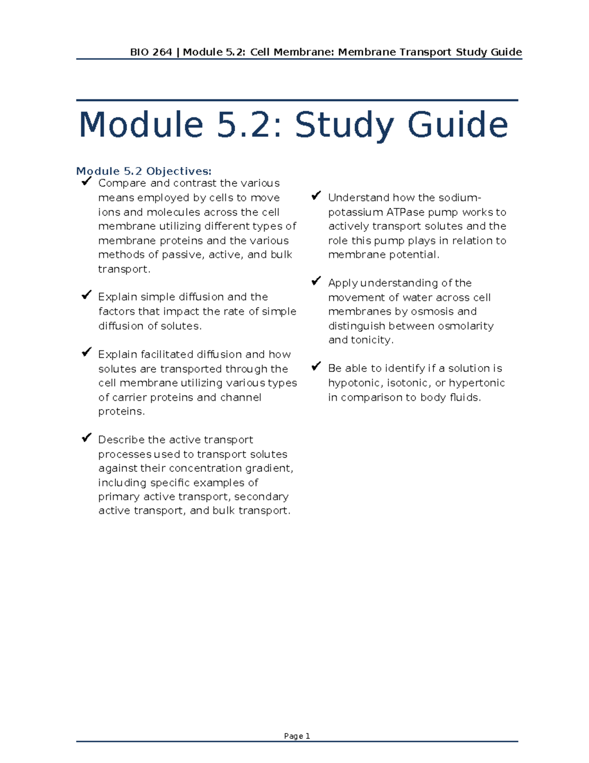 BIO264 Membrane Transport: Study Guide for Module 5 - Studocu
