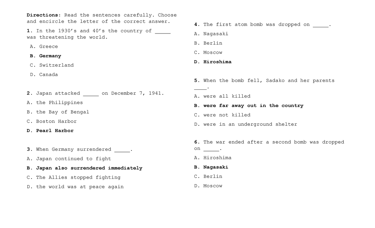 A Thousands Crane TEST - INFORMATIVE - Directions: Read the sentences ...