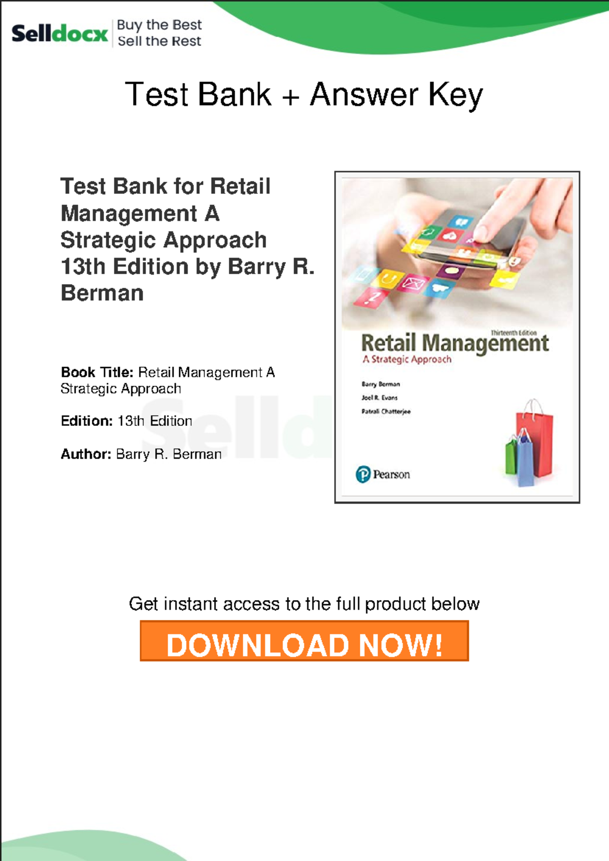 Test Bank Answers for Retail Management (13th Ed.) - Berman - Studocu