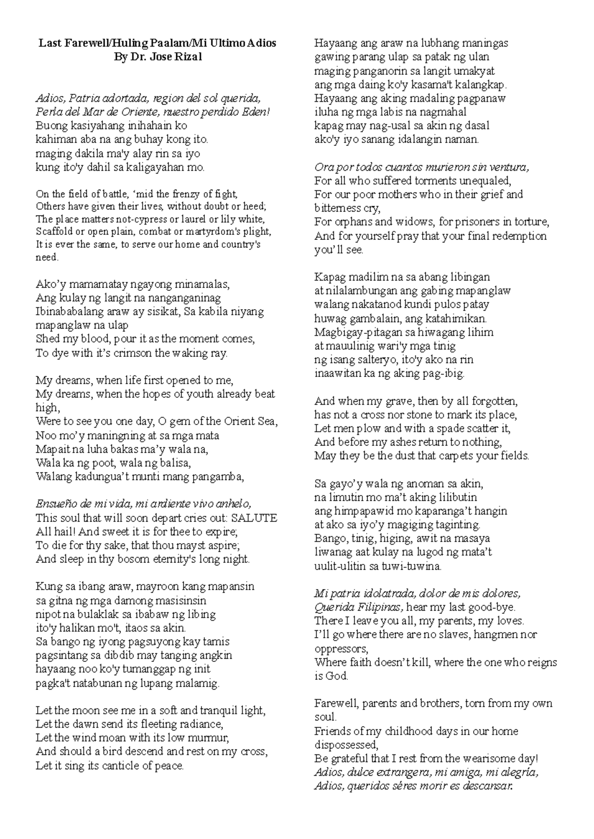 Mi Último Adiós: An Analysis of Rizal's Farewell Poem - Studocu