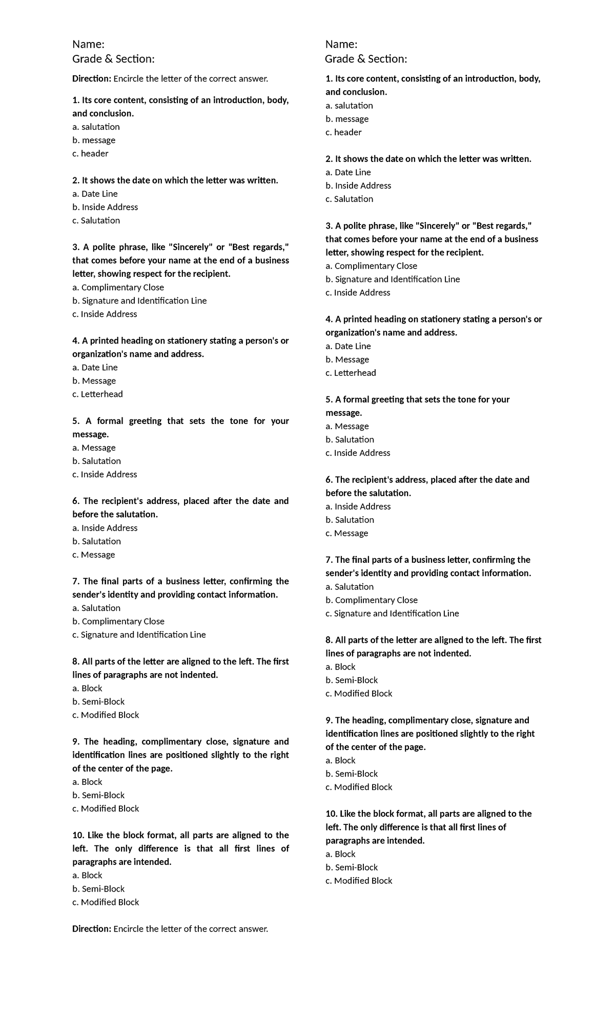 ENG 101: Business Letter Format Quiz - Evaluation (2nd Demo) - Studocu