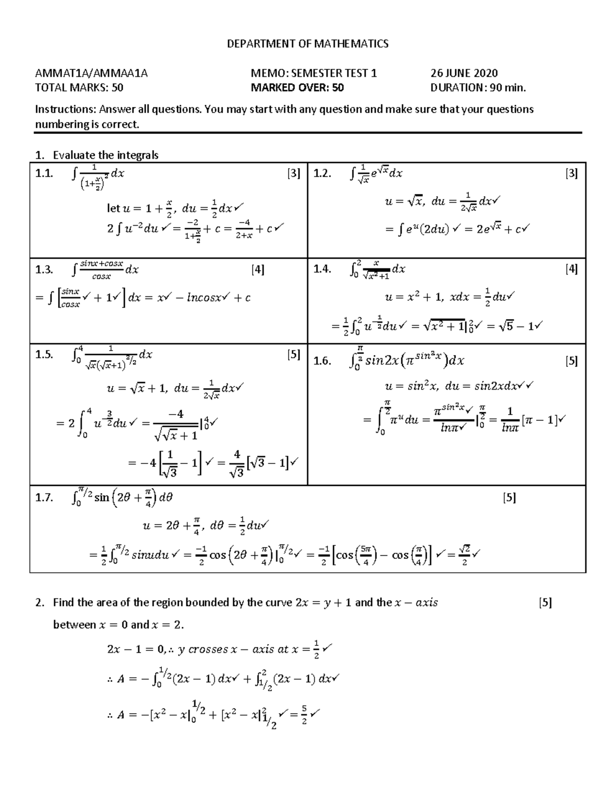 Semester Test 1. Memo.26 - DEPARTMENT OF MATHEMATICS AMMAT1A/AMMAA1A ...