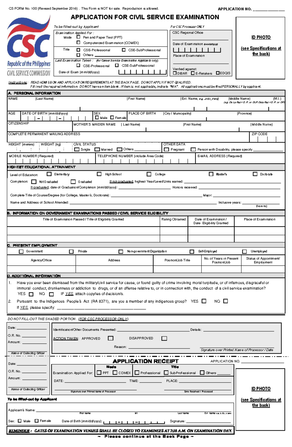 Civil Service Exam Application Form No. CS 100 (Revised Sept 2016 ...