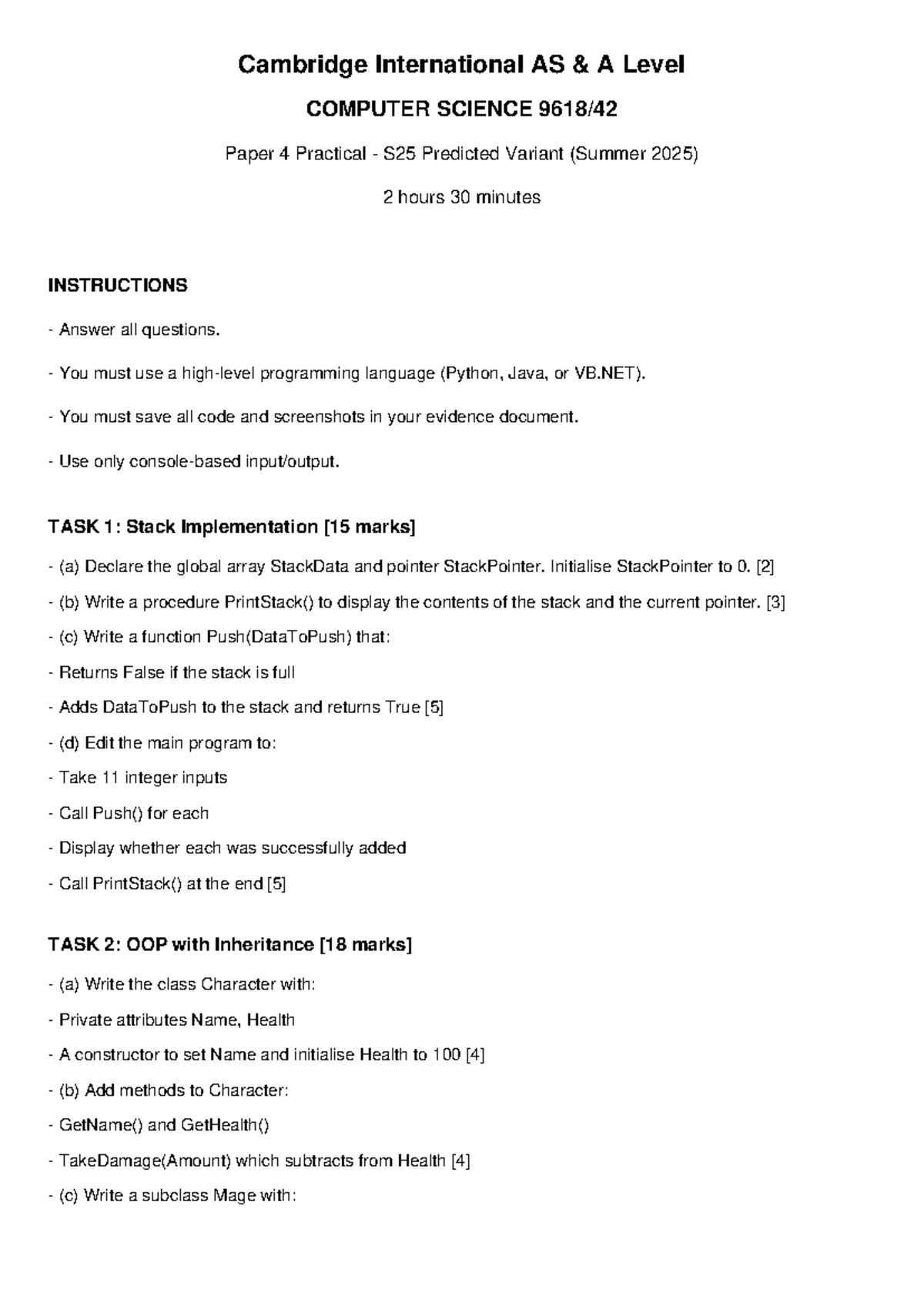 Cambridge International AS A Level CS Paper 4 Practical S25 Predicted ...