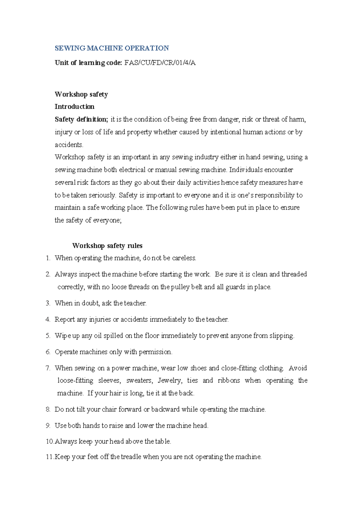 Sewing Machine Operation: Comprehensive Notes (FAS/CU/FD/CR/01/4/A ...