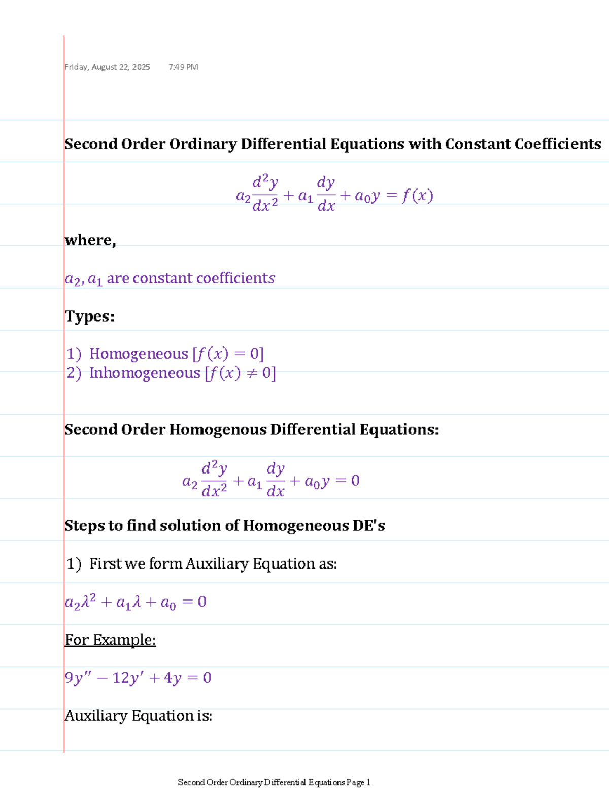 Second Order ODEs with Constant Coefficients: Homogeneous ...