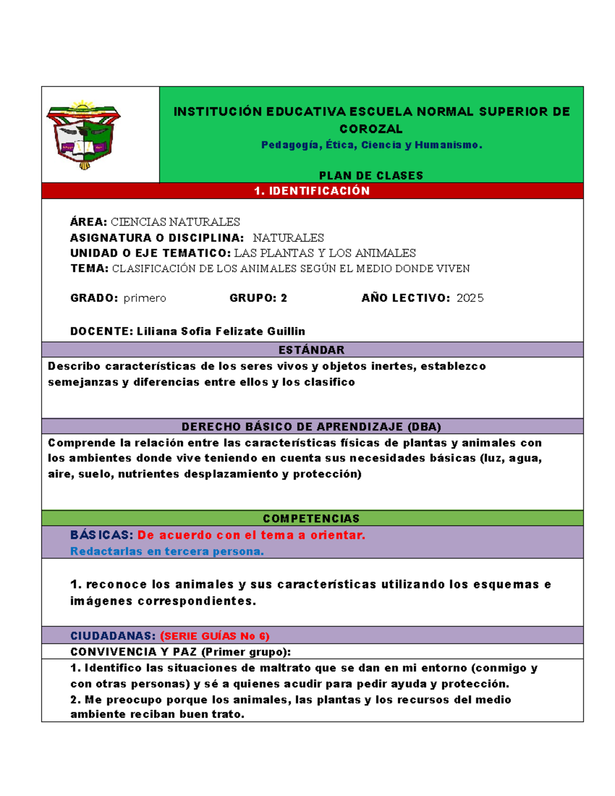 PLAN DE CLASES: CIENCIAS NATURALES 2025 - CLASIFICACIÓN DE ANIMALES ...