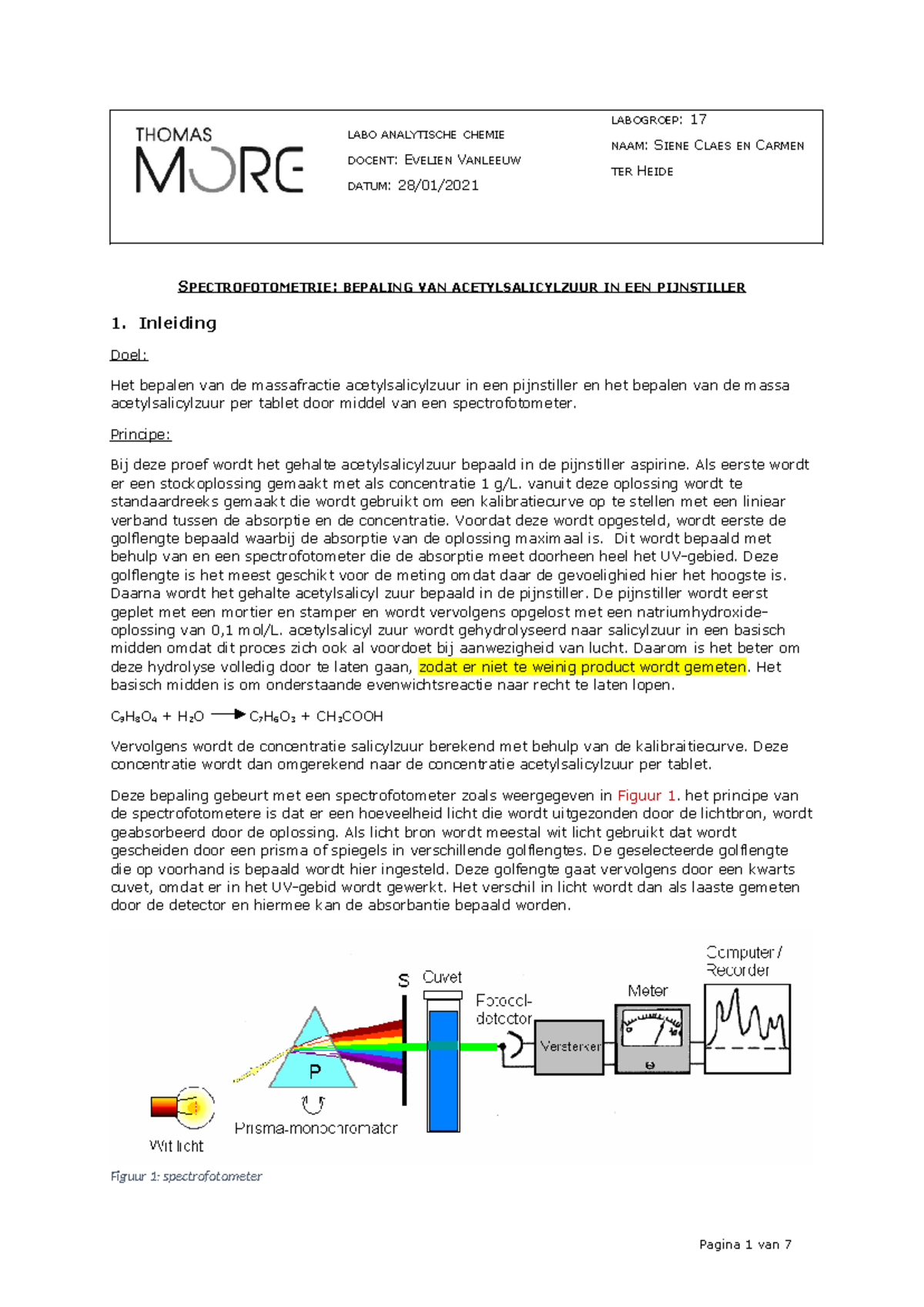 LABO ANALYTISCHE CHEMIE: SPECTROFOTOMETRIE VAN ACETYLSALICYLZUUR - Studocu