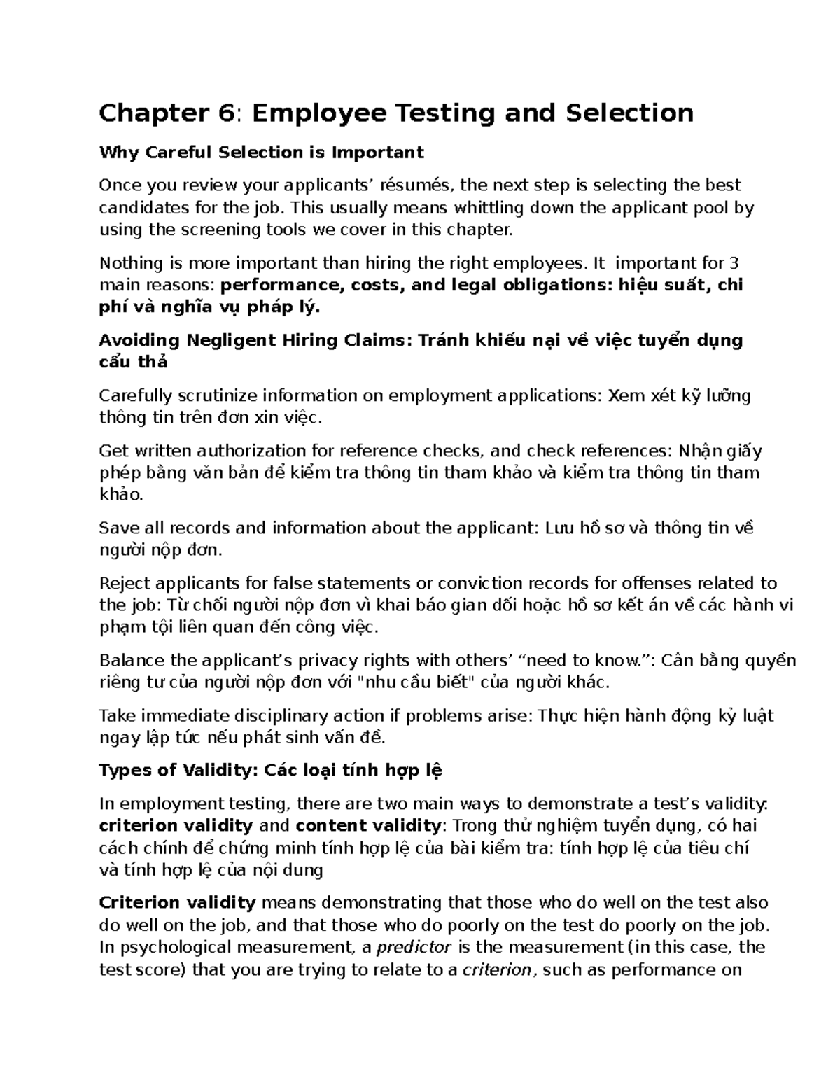 Chapter 6: Employee Testing & Selection Strategies for Success - Studocu