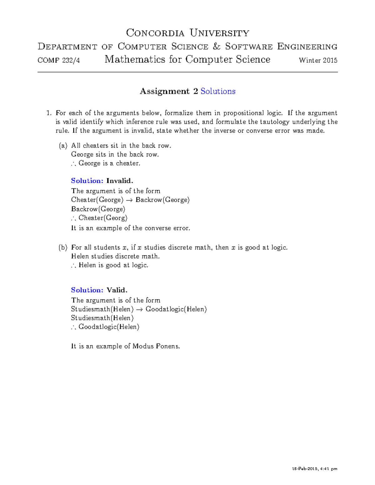 the solutions of assignment 2 - Concordia University Department of ...