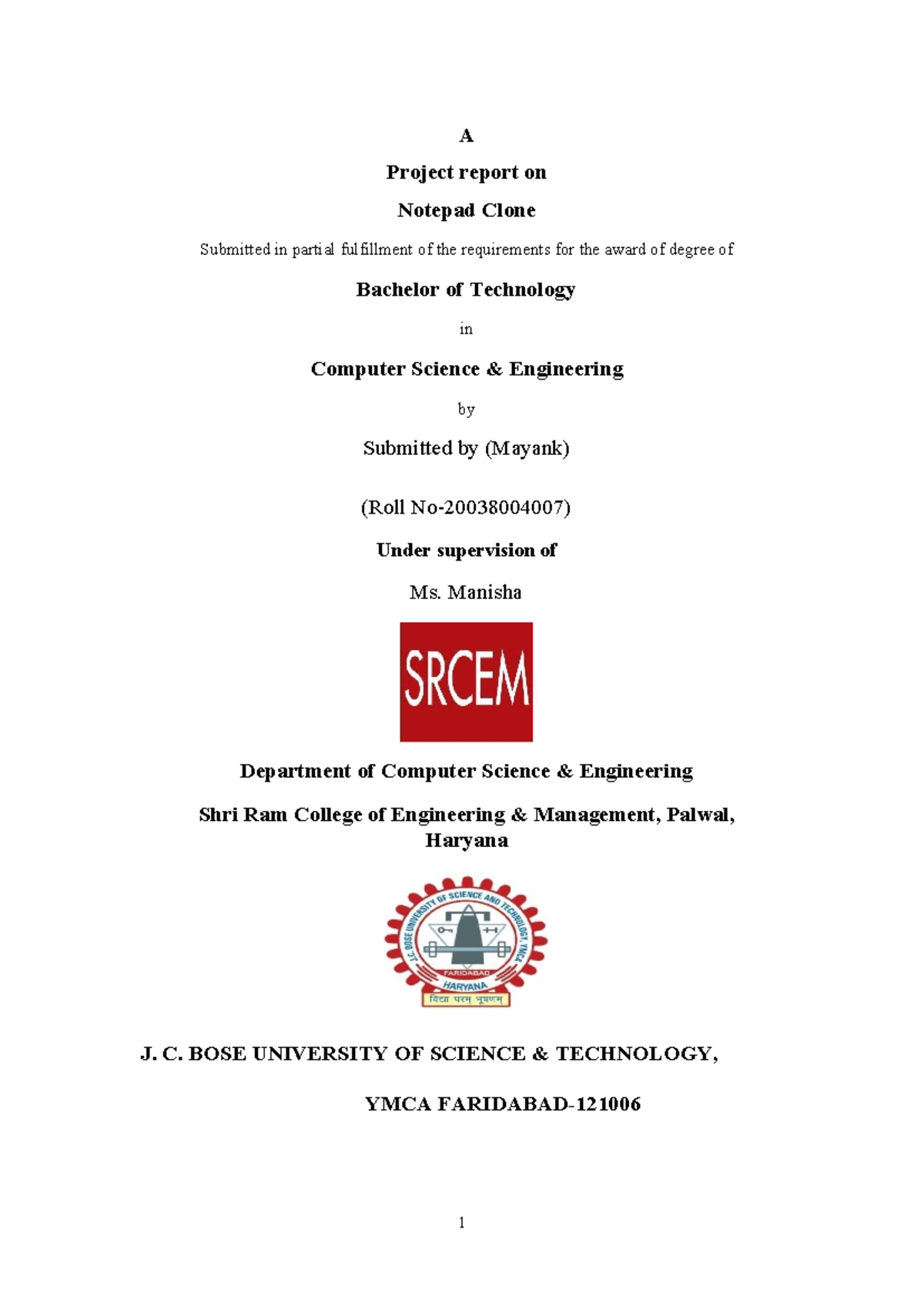 B.Tech CSE Project Report: Notepad Clone Development - Studocu