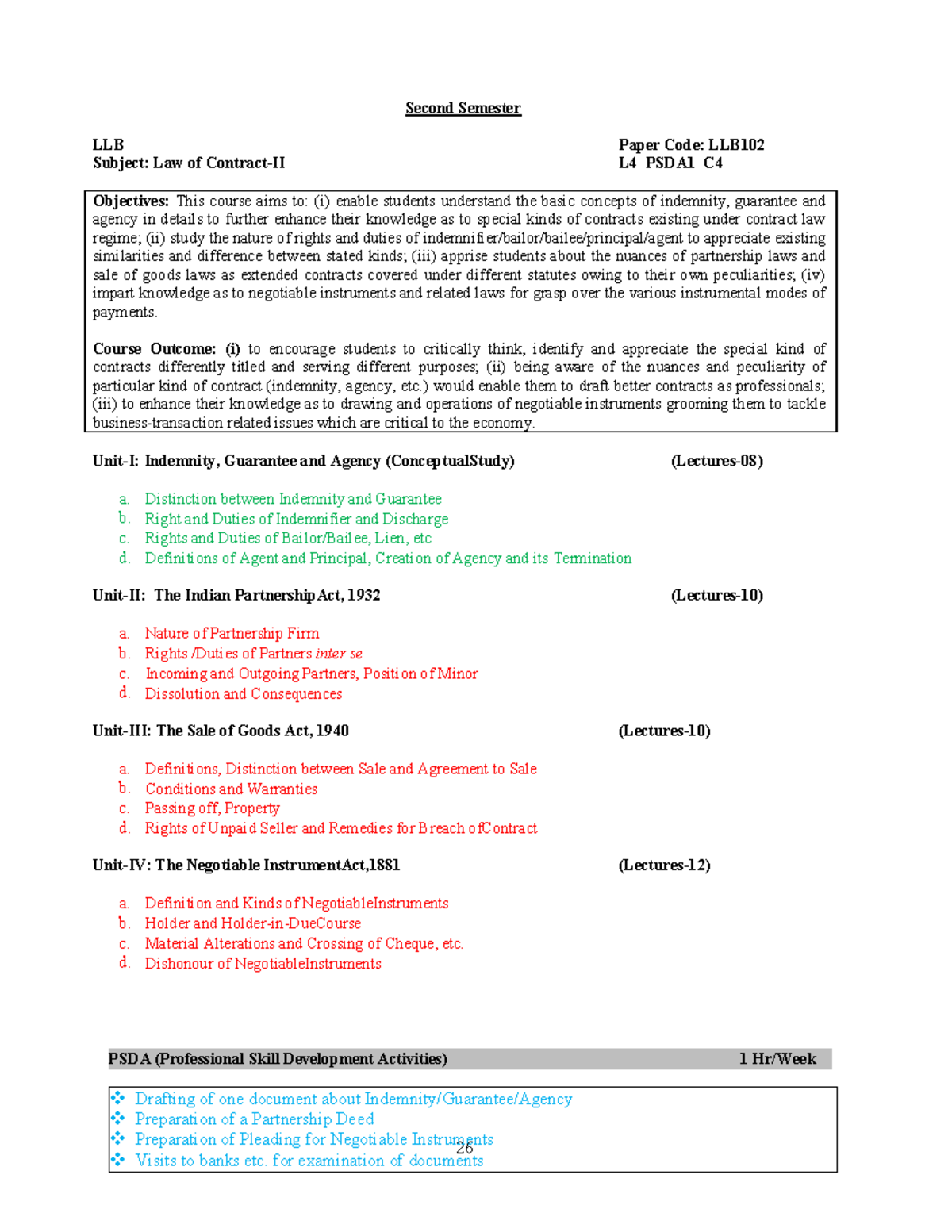 Syllabus Overview for LLB Second Semester: Law, Torts, and ...