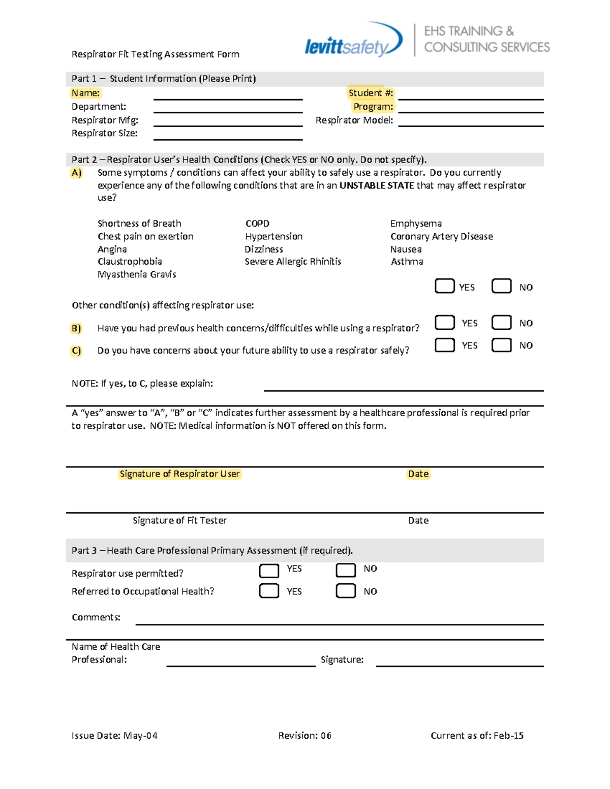 Respirator Fit Testing Assessment Form - Health Screening (Part 1 ...