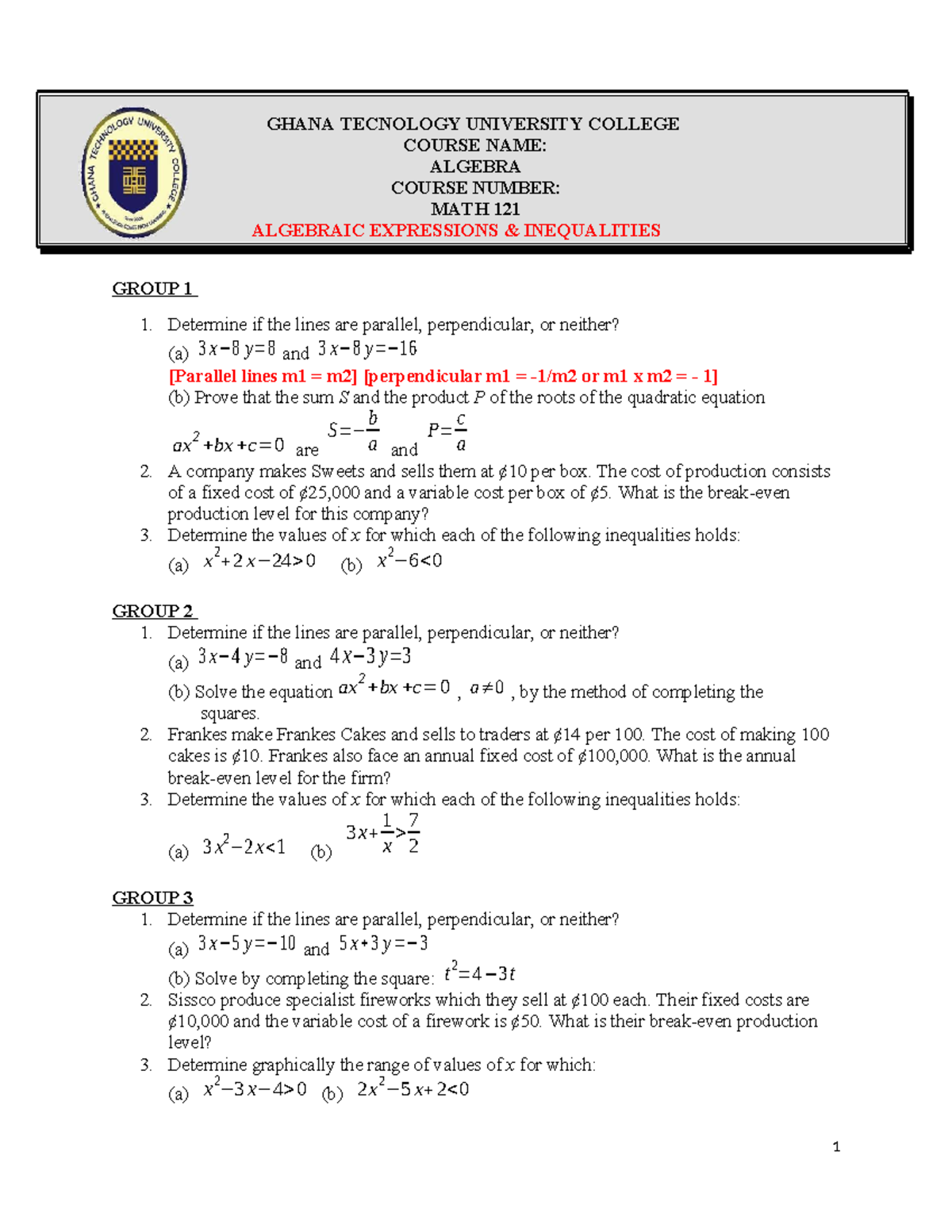 Quiz MATH 121: Algebraic Expressions & Inequalities Analysis - Studocu