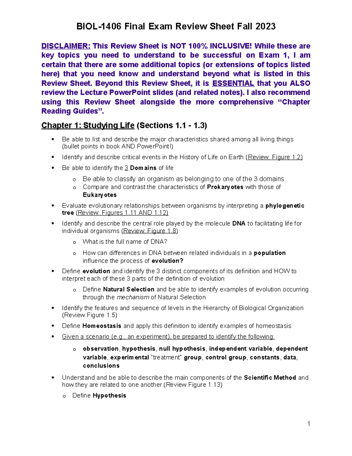 BIOL-1406 Final Exam Comprehensive Lecture Review Sheet Fall 2023 - Studocu