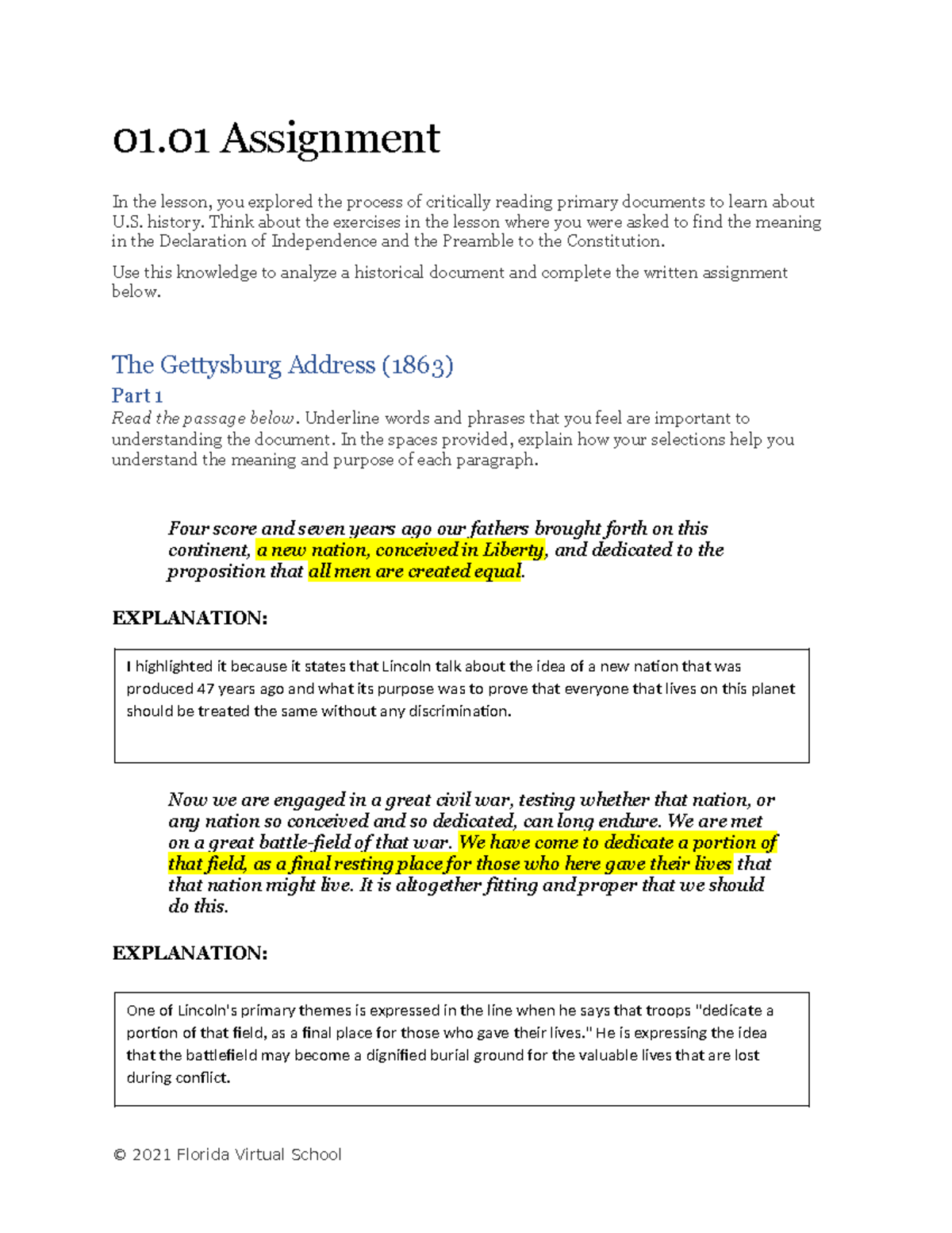 01.01 Assignment: Analyzing the Gettysburg Address (1863) - Studocu