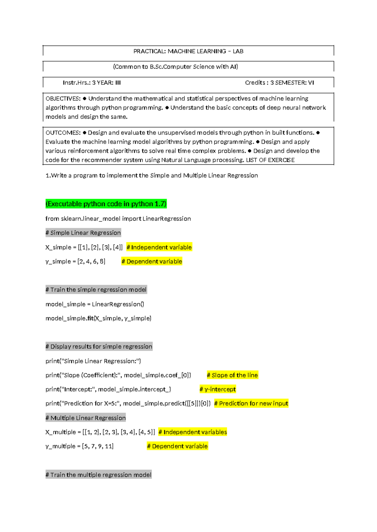ML LAB - Simple & Multiple Linear Regression Exercises - Studocu