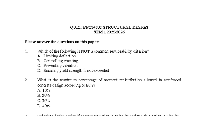 Quiz Bfc34702 Structural Design Sem 1 Key Concepts And Questions