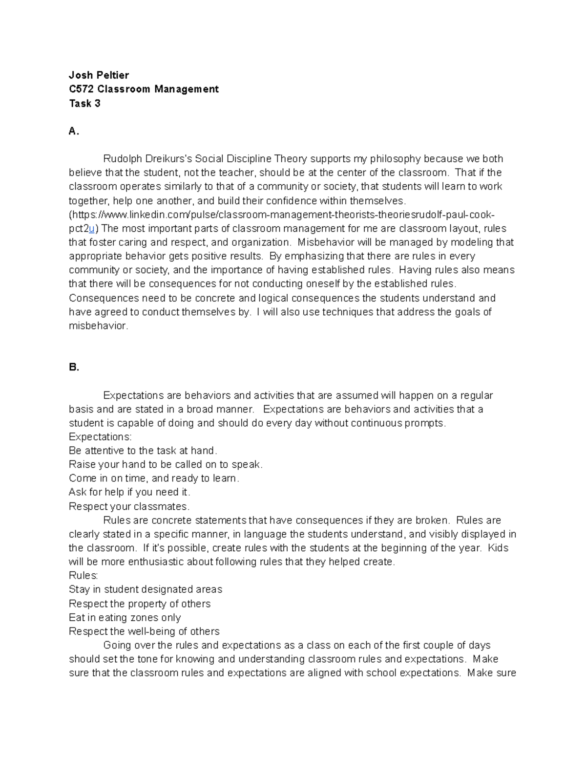 Classroom Management Task 3 - Rudolph Dreikurs’s Social Discipline ...