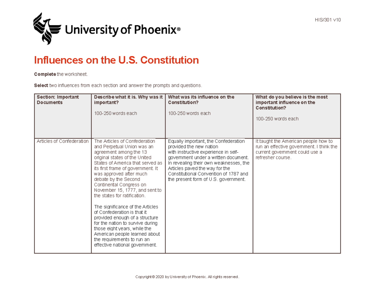 HIS/301 v Week 1 Worksheet: Influences on the U.S. Constitution - Studocu