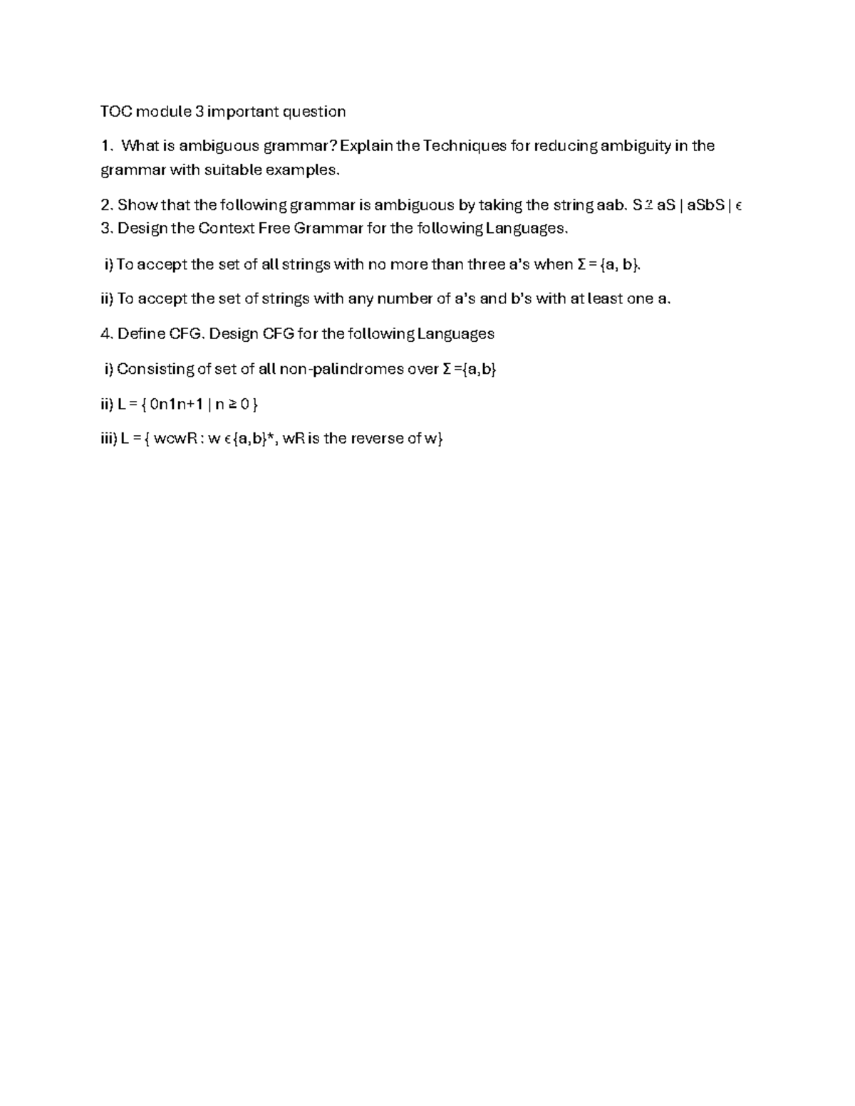 TOC 3: Key Questions on Ambiguous Grammar and CFG Techniques - Studocu