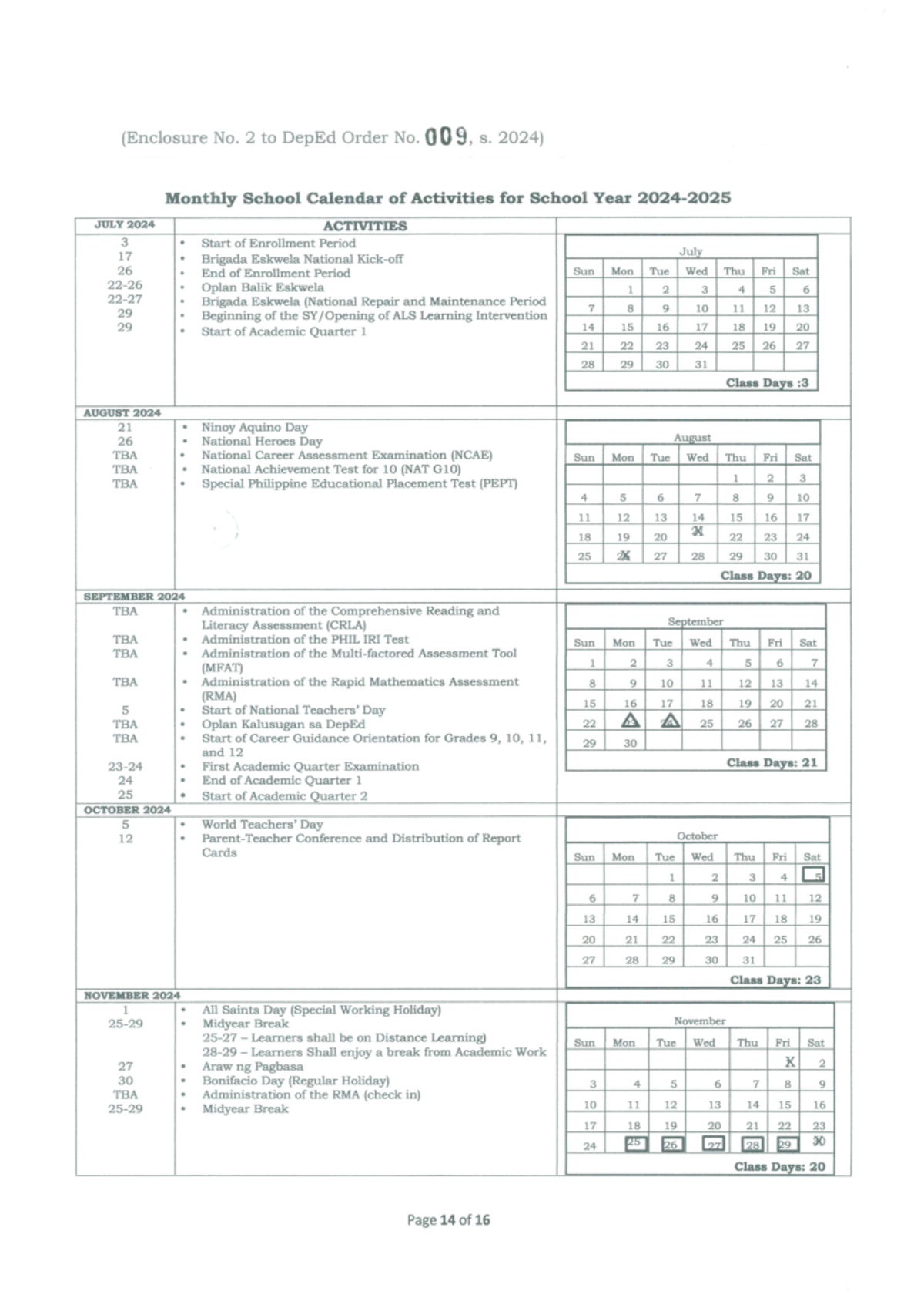 Monthly School Calendar of Activities SY 2024-2025 - Studocu
