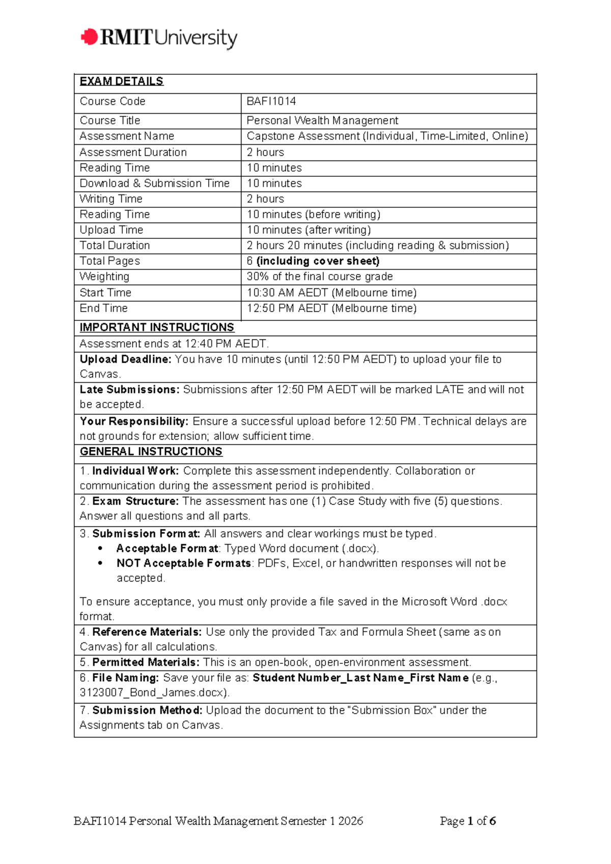BAFI1014 Personal Wealth Management Capstone Assessment Details - Studocu