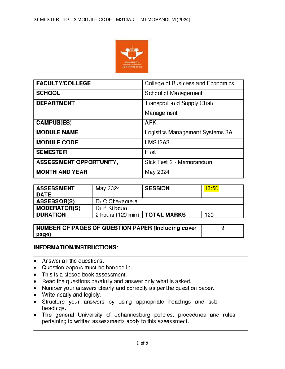 LMS13A 2024 Sick Test 2 Memorandum: Logistics Management Systems - Studocu