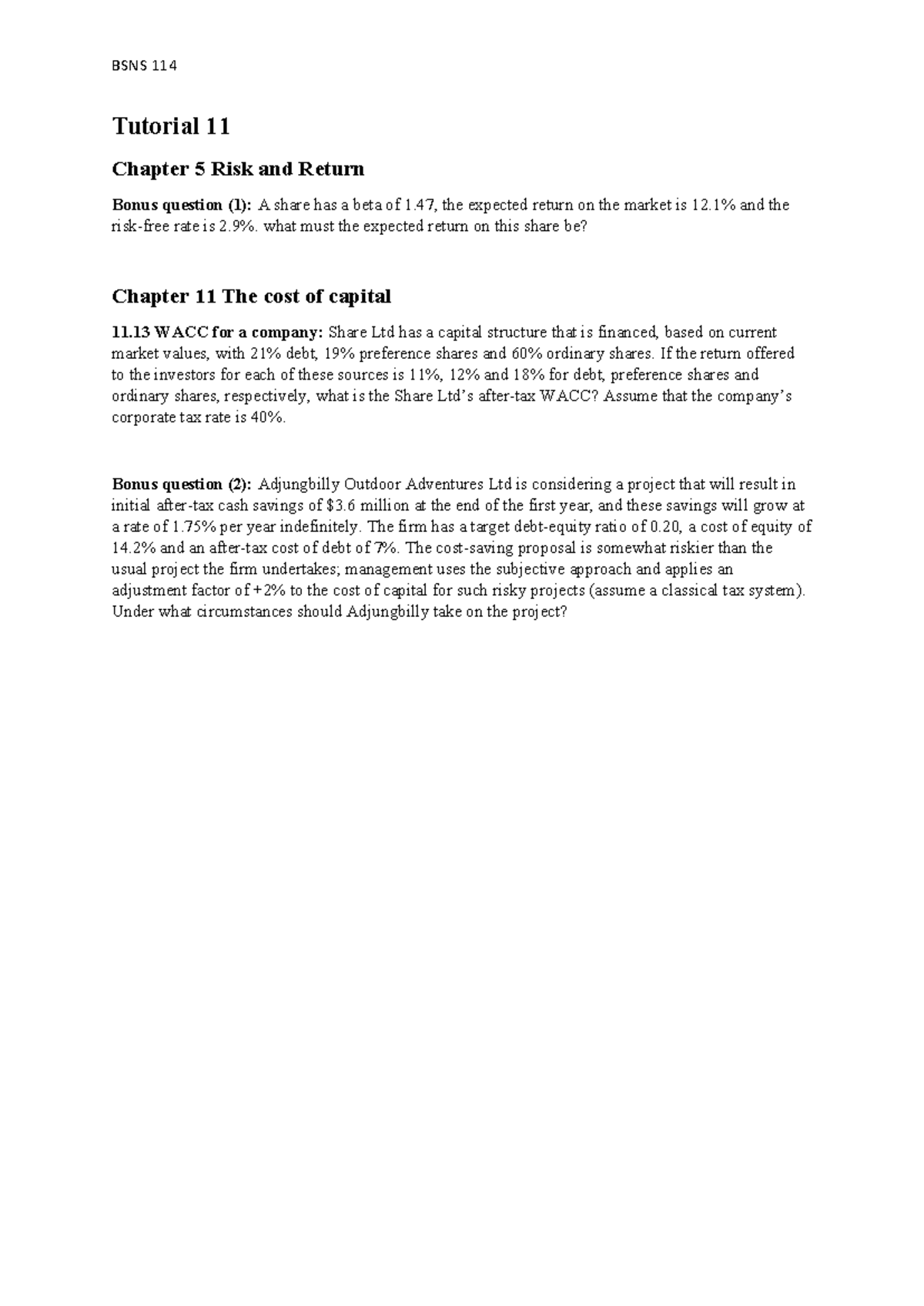 BSNS 114 Tutorial 11: Risk and Return Analysis & WACC Calculations - Studocu