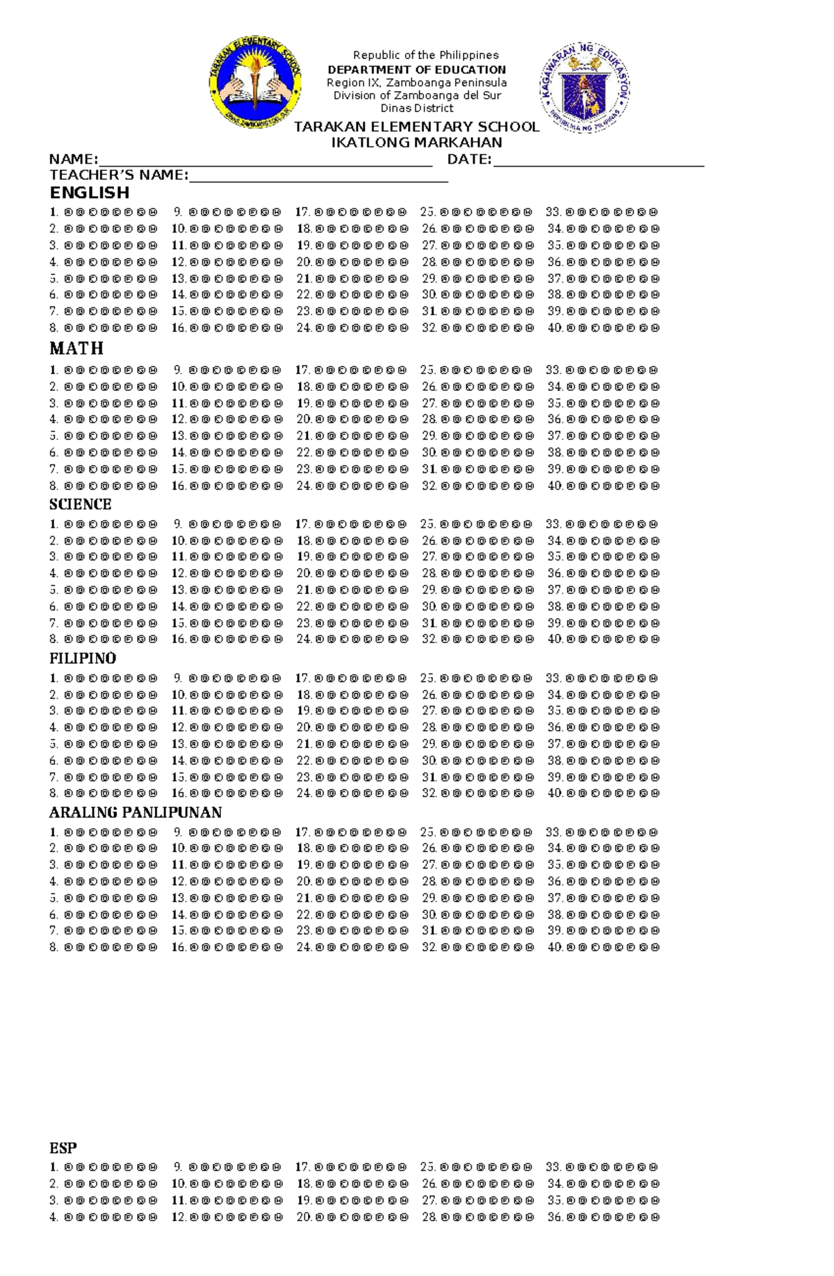 Tarakan Elementary School IKATLONG MARKAHAN Answer Sheet - Studocu