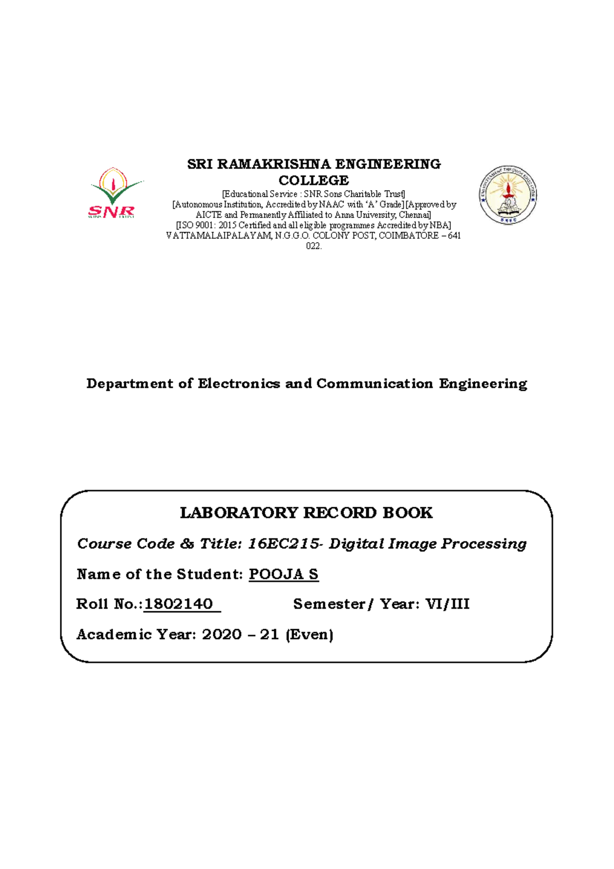 16EC215 - Digital Image Processing Laboratory Record Book - Studocu