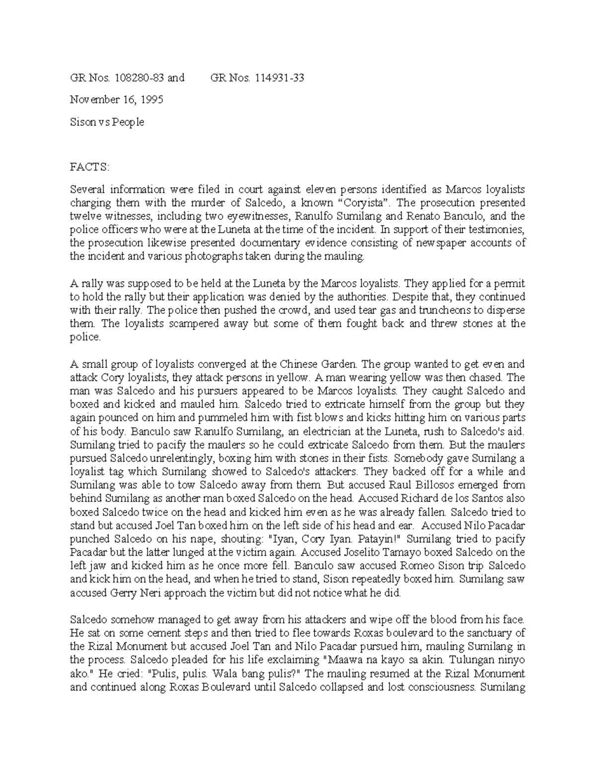 Sison vs People - Case Digest (GR Nos. 108280-83 & 114931) - Studocu
