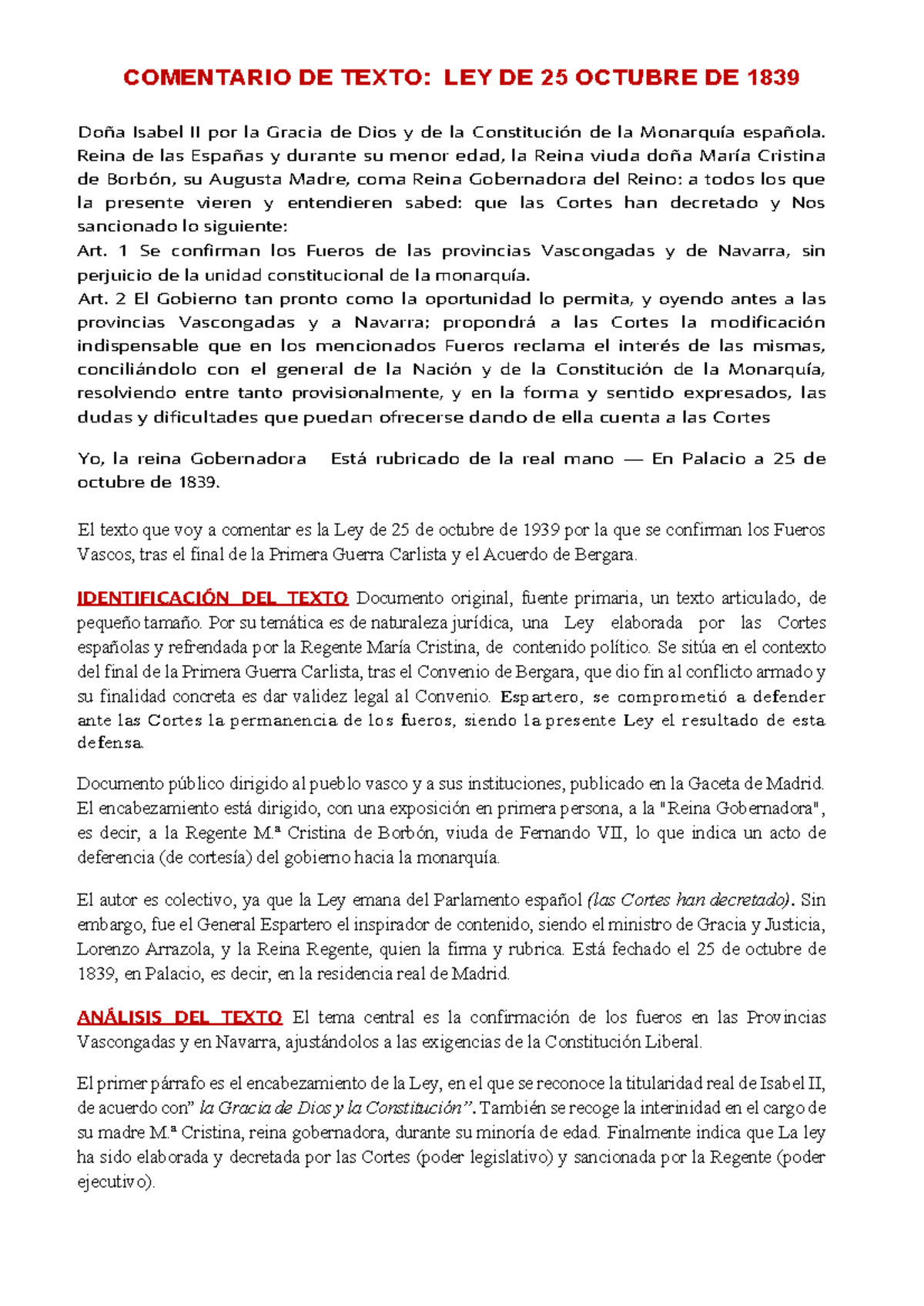 Comentario sobre la Ley de 25 de Octubre de 1839: Fueros Vascos - Studocu