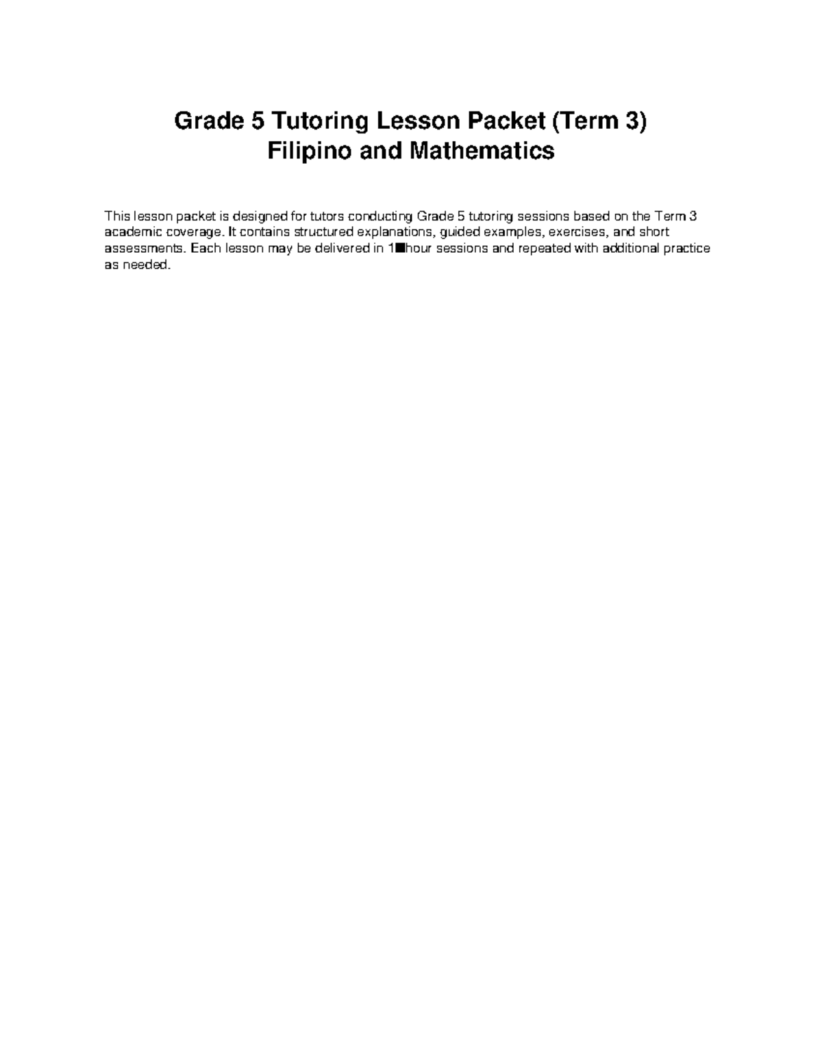 Grade 5 Tutoring Lesson Packet (Term 3): Filipino & Math - Studocu